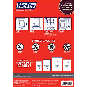 Hefty Shrink-Pak Starter Kit - 2 Large, 1 XL Cube, 1 Jumbo Vacuum Seal Storage Bag and Hand Pump – Space Saver Bags for Clothing, Pillows, Towels, or Blankets, 5 Pc Set