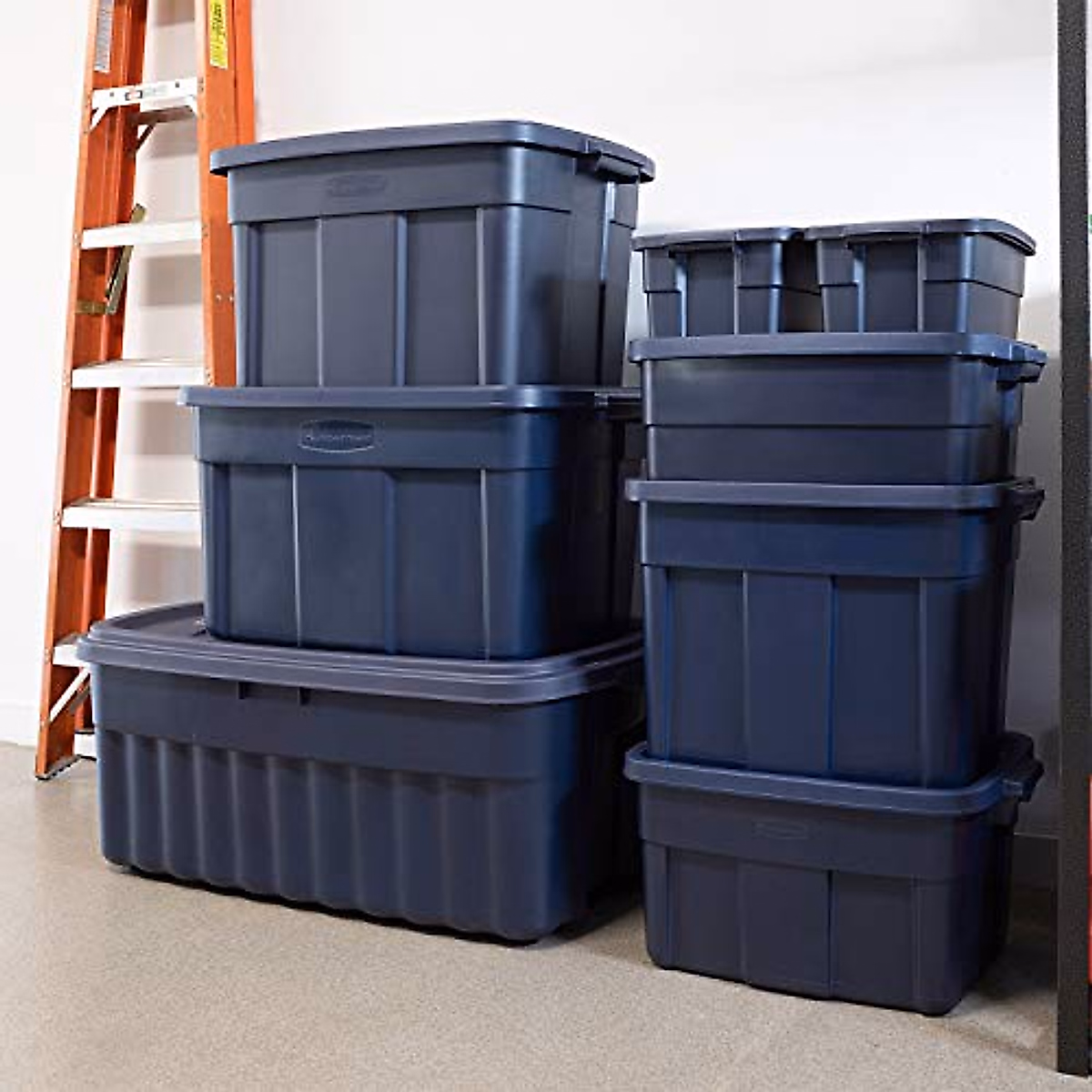 Rubbermaid Roughneck Home/Office 18 Gallon Rugged Latching Plastic Storage Tote with Lid, Dark Indigo Metallic (12 Pack)