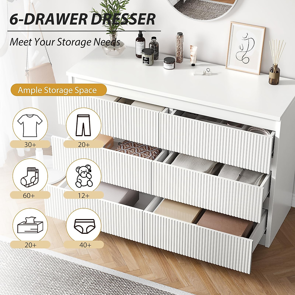 Jocoevol White Dresser 6 Drawer Dresser for Bedroom, Modern Fluted Dresser with Deep Drawers, Large Double Wooden Dresser Chest of Drawers for Living Room, Hallway, Entryway (White)