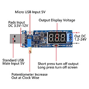 2PCS USB Step UP/Down Power Supply Module, Adjustable DC-DC 5V to 3.5V / 12V Boost Buck Converter Out DC 1.2V-24V