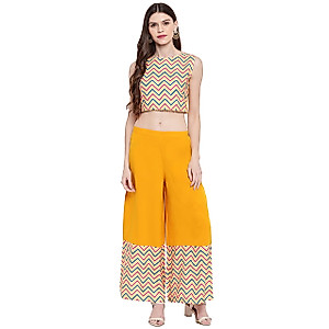 Janasya Indian Women's Yellow Poly Crepe Crop Top with Palazzo and Jacket