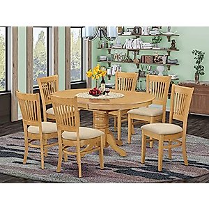 East-West Furniture AVVA7-OAK-C Mid-Century Dining Table Set- 6 Fantastic Dining Chairs with Linen Fabric Seat - A Wonderful Butterfly Leaf Round Dining Table (Oak Finish)