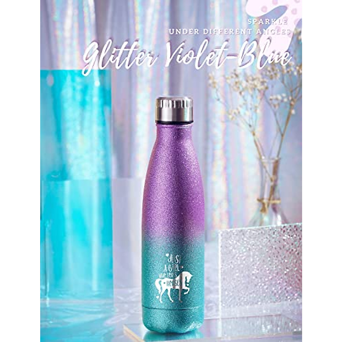 Onebttl Horse Bottle for Girls, Women, Insulated Stainless Steel Water Bottle, for Equestrian, Horse Lovers, Cowgirls, Perfect for Birthday, Back to School, Violet-Blue Gradient Glitter