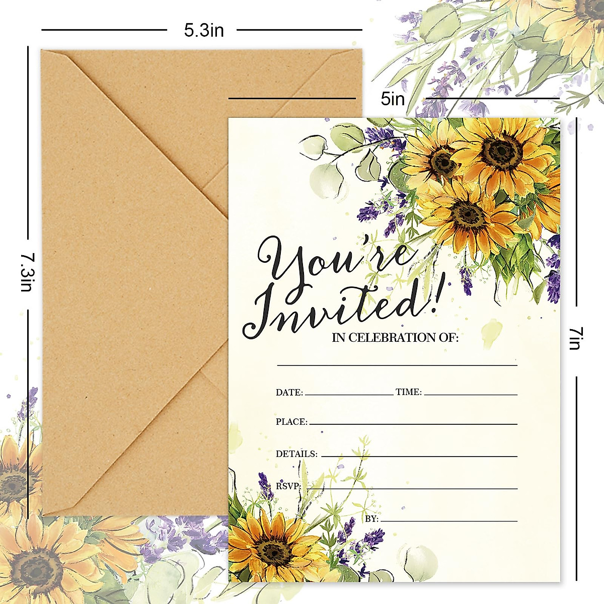 Whaline 25 Sets Sunflower Invitations with Envelopes Stickers Watercolor Floral Invitation Cards Blank Invites for Wedding Bridal Baby Shower Birthday Dinner Party Supplies, 5 x 7 Inch