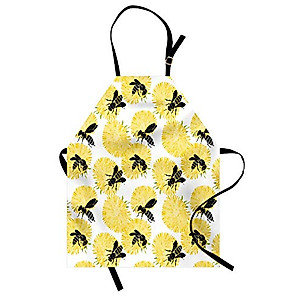 Ambesonne Bee Apron, Bees and Dandelion Flowers in Nature Detail Theme on White Background Print, Unisex Kitchen Bib with Adjustable Neck for Cooking Gardening, Adult Size, Black Yellow
