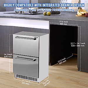 VEVOR 24 inch Undercounter Refrigerator, 2 Drawer Refrigerator with Different Temperature, 4.87 Cu.ft. Capacity, Waterproof Indoor and Outdoor Under Counter Freezer Fridge for Home and Commercial Use