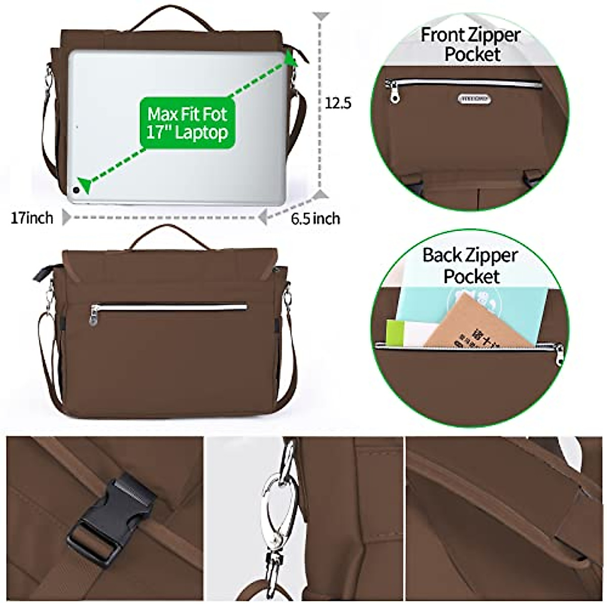 HXLGMD Messenger Bag for Men Women 15.6-17 Inch Laptop Briefcase Water-resistant Computer Shoulder Bag with Water Bottle Pocket, Large Crossbody Satchel Bag Work School Travel, Brown…