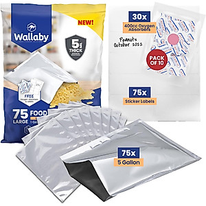 75x Wallaby 1-Gallon Mylar Bag Bundle - (5 Mil - 10" x 14") Mylar Bags, 80x 400cc Oxygen Absorbers, 80x Labels - Heat Sealable, Food Safe, & Reliable Long Term-Food Storage Solutions - Silver