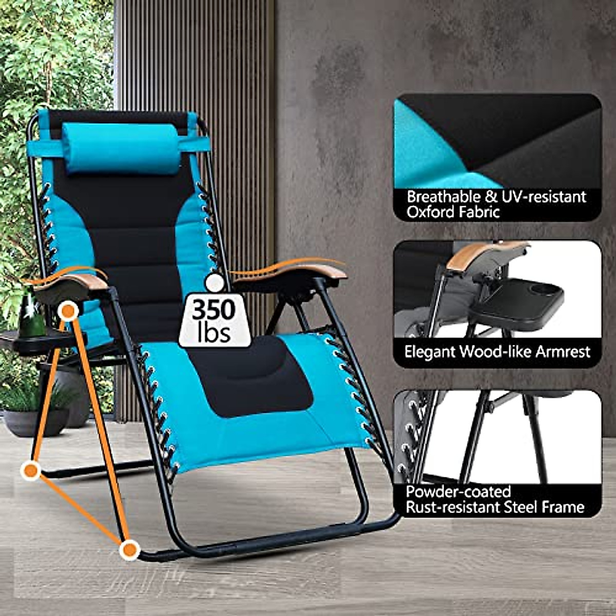 PHI VILLA XL Oversize Zero Gravity Chair Padded Recliner Oversize Lounge Chair with Free Cup Holder,Support 350 LBS (Aqua)