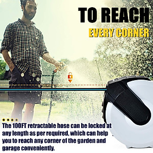 PinWheel Garden Hose Reel Wall Mount, Slow Return 5/8 Inch × 100 + 6 FT Retractable Water Hose Reel Automatic Rewind with Any Length Lock, 9 Pattern Hose Nozzle, 180° Swivel Bracket