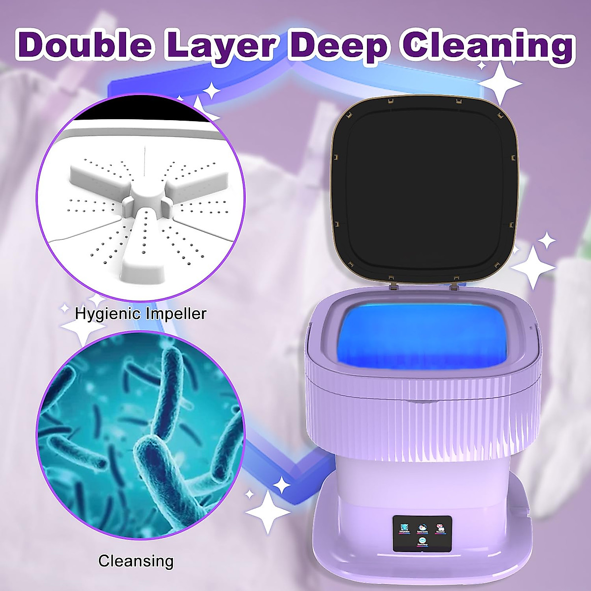 Portable Washing Machine, 11L Mini Washing Machine, Small Compact Washer and Dryer, Collapsible Portable Laundry Washer, Travel, Apartment, Dorm, Camping, RV, Underwears, Socks, Baby Clothes (Purple)