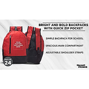 DISCOUNT PROMOS 24 Quick Zip Backpacks Set - Customizable Text, Logo - Polyester, Unique features, Front Pocket, Vibrant - Red
