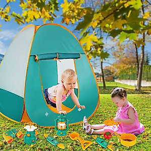 KAQINU Kids Camping Set, 33 PCS Pop Up Play Tent with Kids Camping Gear Toys, Indoor and Outdoor Camping Tools Pretend Play Set for Toddler Boys & Girls -