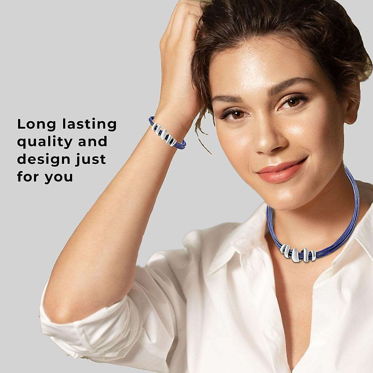 SHOP LC DELIVERING JOY Costume Jewelry Set Blue Faux Leather Choker Necklace for Women Cuff Bracelet Cord Spiral Stainless Steel Adjustable Lobster Claw Tribal 7" 16" Birthday Gifts for Women