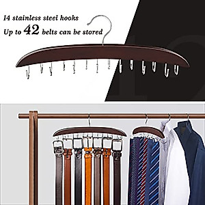 Belt Hanger, 14 Hooks Belt Holder for Closet, Wooden Tie/Belt Rack for Storage, 360°Rotating Belts Organizer for Closet Space Save Organizer for Tie, Tank Top, Scarf-Walnut Wood with Chrome Hooks