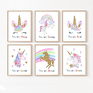 VEEDOO Rainbow Unicorn Room Decor for Girls Bedroom – Motivational Positive Affirmations Wall Decor, Set of 6 Unicorn Posters Pictures Wall Décor – 8x10 (Unframed) Made in USA