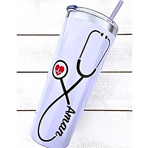 22 oz Nurse Personalized Stainless Steel Tumbler with Custom Stethoscope Vinyl Decal by Avito - Includes Straw and Lid - Nurse RN - Nurse Gift