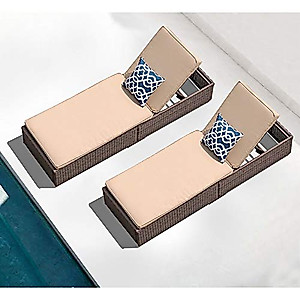 Patiorama Patio Chaise Lounge Chair, Sun Lounger, Outdoor Pool Beach Brown PE Rattan Wicker Reclining Chair W/Adjustable Backrest, Weather Cover, and Removable Cushion (Beige), Set of 2