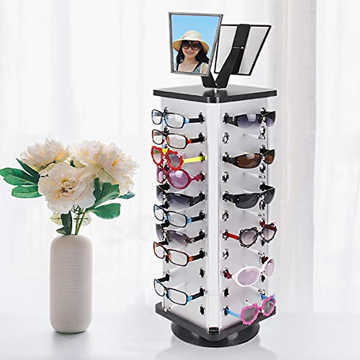 ONEPOINTPOINT Glasses Display Stand 360° Rotating 44 Pairs of Sunglasses Eyewear Holder Display Rack with Mirror (Square)
