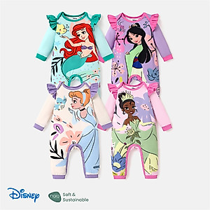 Disney Princess Rapunzel Ariel Belle Tiana Baby Girls Ruffle Long Sleeve Romper Newborn to Infant Apricot 0-3 Months