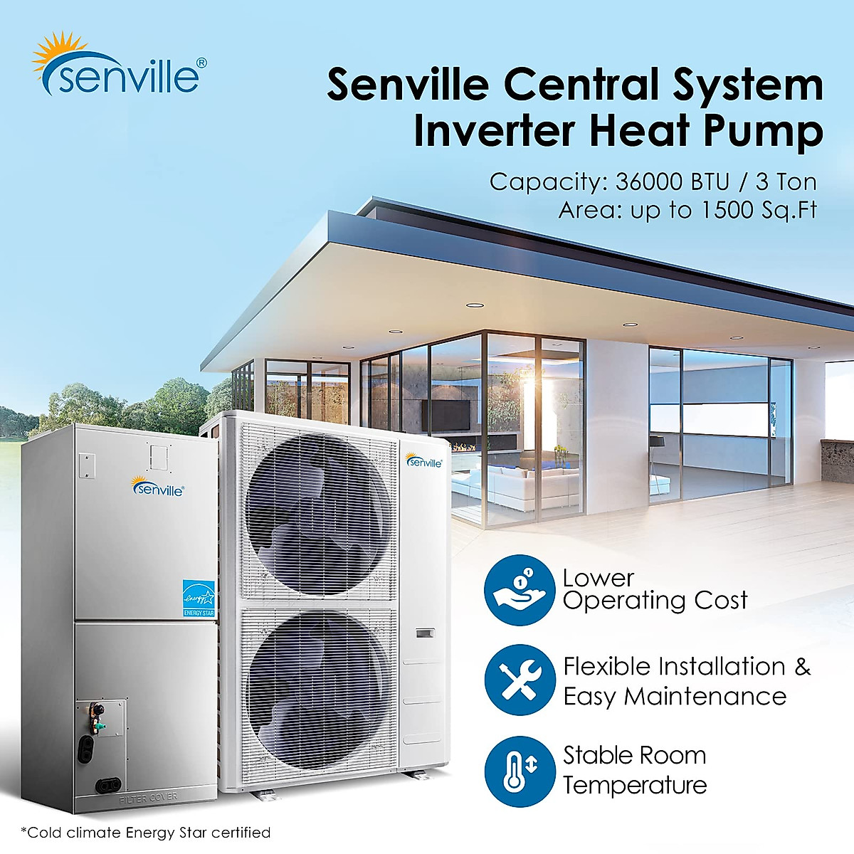 Senville 3 Ton Central Air Conditioner Heat Pump Split System, 36,000 BTU, Inverter, Variable Speed, 15K AUX, 208/230V