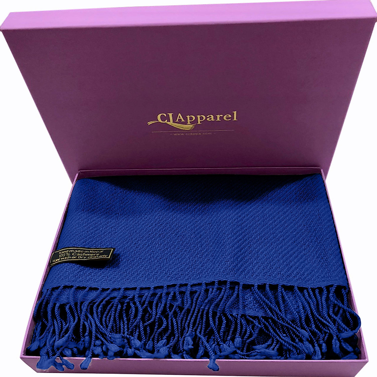 CJ Apparel Royal Blue 100% Cashmere Shawl Pashmina Scarf Wrap Stole Head Wrap Face Cover Hand Made in Nepal NEW