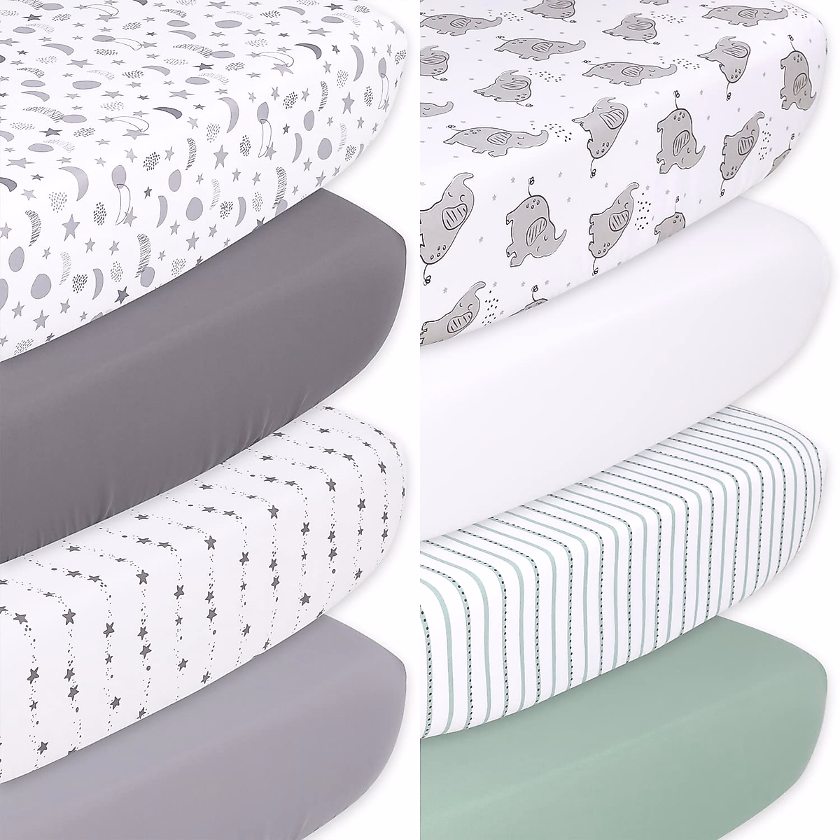 The Peanutshell Celestial Stars and Elephant Fitted Crib Sheets | Unisex 8 Pack | Grey, Green, White