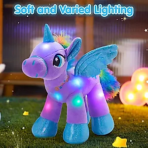 Houwsbaby LED Musical Stuffed Animal Unicorn Soft Singing Light Up Plush Toy Lullaby Animated Soothe Birthday Gifts for Kids Toddler Girls, White, 10.5''