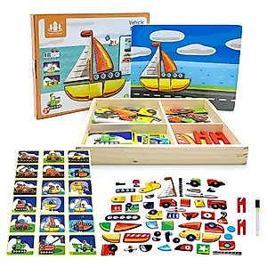 wskvoker 85-Pieces Magnetic Puzzle Drawing Board,Preschool Educational Learning Toys Set for 3 4 5 Year Old Boys Girls,Transportation Cognition Puzzles Travel Toy with Organize Box.