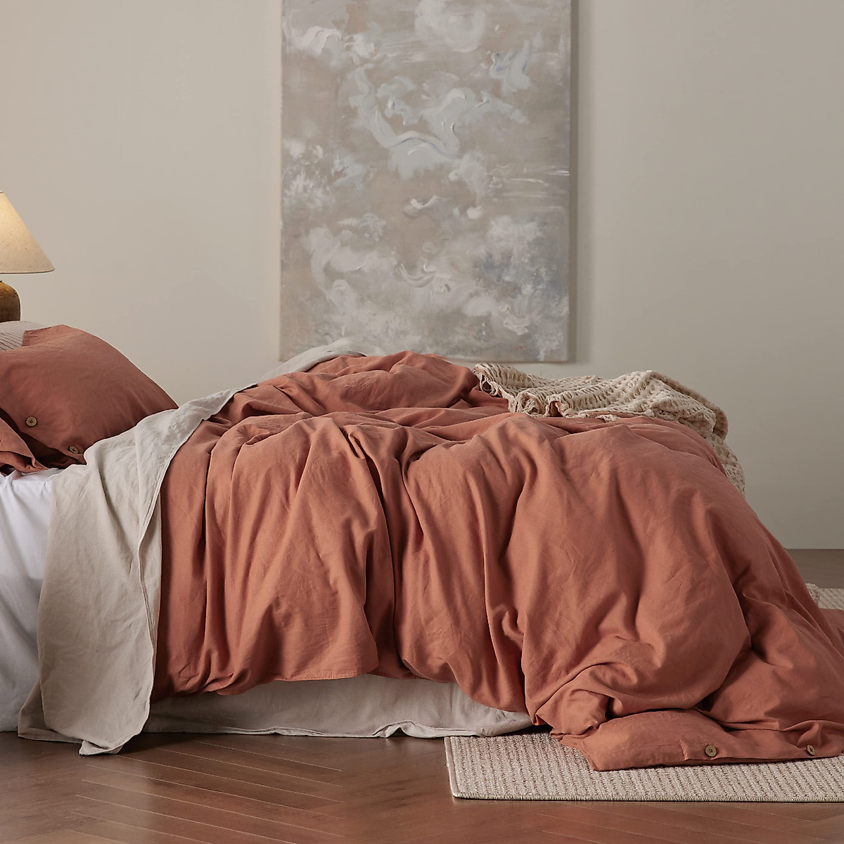 Bedsure Linen Duvet Cover King - Linen Cotton Blend Bedding Set, Soft & Cozy, 3 Pieces, 1 Duvet Cover 104x90 Inches and 2 Pillowcases, Burnt Orange Color Cooling Bedding, Comforter Sold Separately