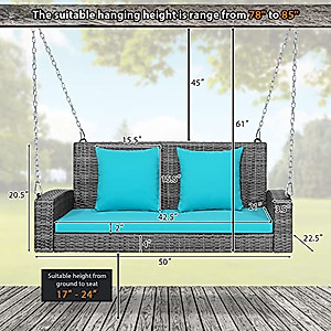 Tangkula 2 Person Wicker Hanging Porch Swing, Patiojoy Outdoor Rattan Swing with Soft Cushions and 2 Rustproof Steel Chains, 800 LBS Patio Swing Bench for Balcony, Garden and Yard (Turquoise)