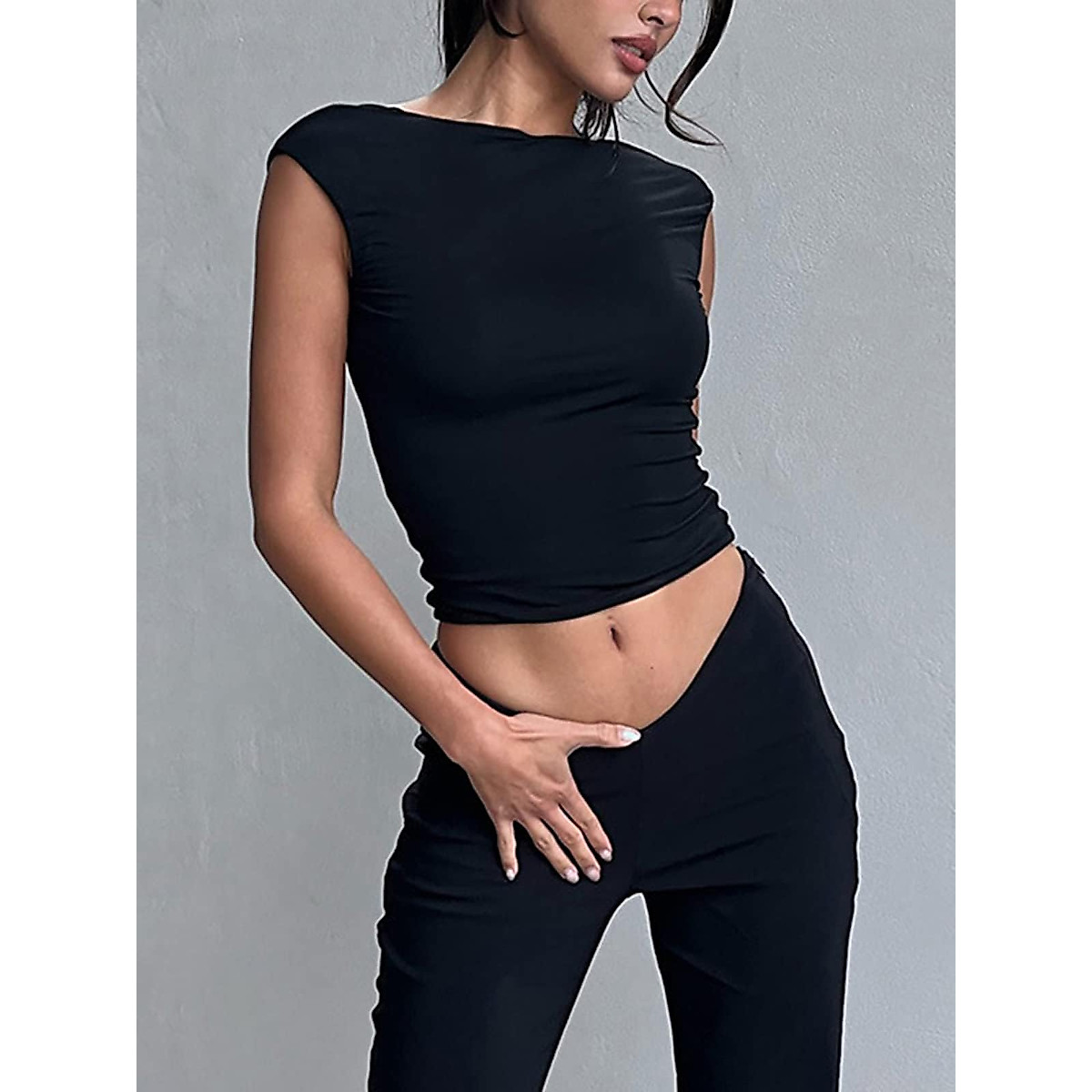 LovelyWholesale Women's Sexy 2 in1 Cut Out Crop Top Cap Sleeve Slim Fit T Shirts Black Medium