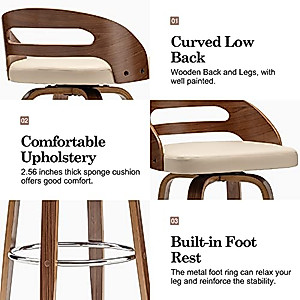 Bar Stools Set of 2, Swivel Bar Height Stools with Walnut Bentwood, Low Back, Upholstered Faux Leather, Soft Cushion Seat, Mid Century Bar Stools for Kitchen/Island/Counter (Beige, 25" Seat Height)