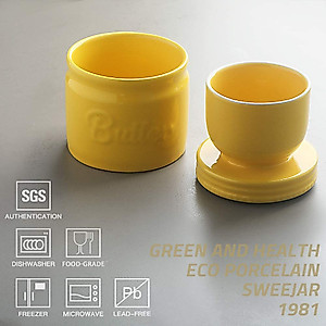 Sweejar Porcelain Butter Keeper Crock, French Butter Dish with Water Line, Ceramic Butter Container for soft butter (Yellow)