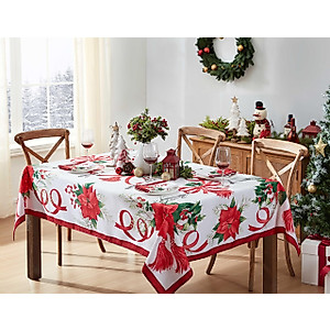 Home Bargains Plus Holiday Tassels Provence Christmas Fabric Tablecloth, French Country Holiday Poinsettia Garland Stain Resistant Easy Care Xmas Tablecloth, 60 Inch x 144 Inch Oblong/Rectangle