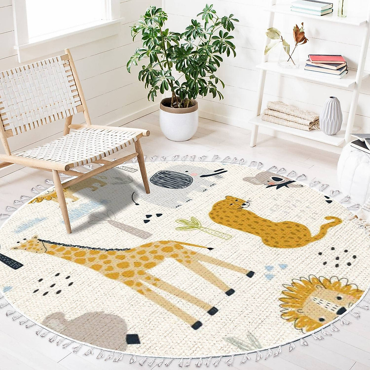 Round Boho Area Rug Cute Animals Lion cub Leopard Giraffe Elephant Koala White Carpet with Tassels Washable Hallway Floor Mat Runner Rugs for Bedroom Bathroom Playroom Nursery Decor 4 ft