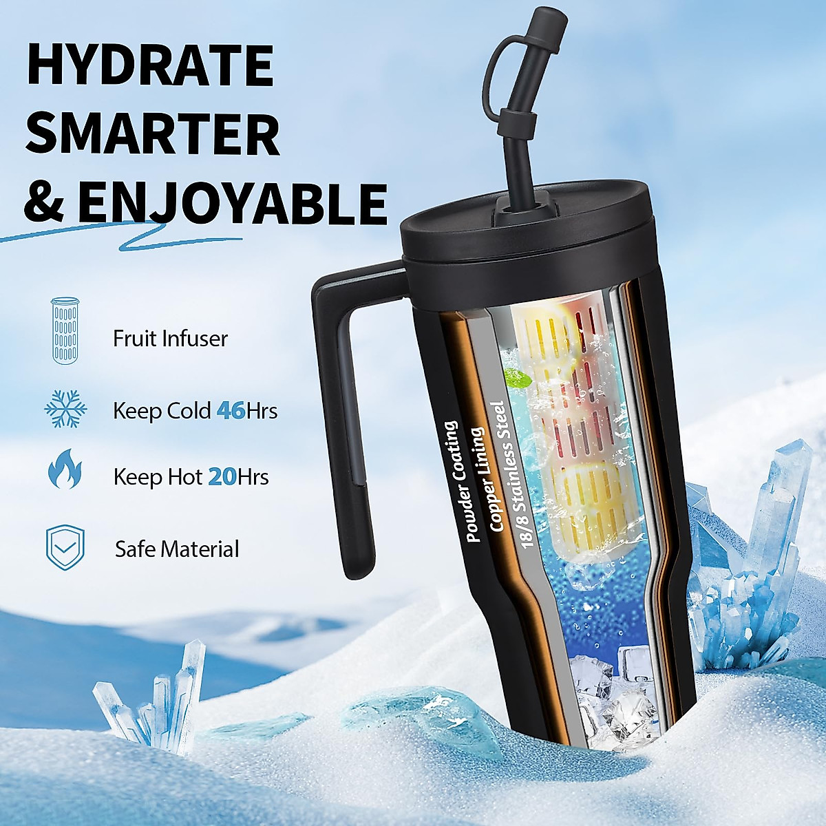 40 oz Tumbler with Lid and Straw - Fruit Infuser, Dust Proof Cover & Protective Boot, Insulated Water Bottles 40oz for Car Cup Holder, Travel Tumbler with Handle Tea Coffee Cups for Men Boyfriend