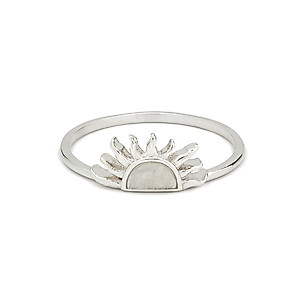 Pura Vida Silver-Plated Half Sun Ring w/Moonstone - Brass Base Band, Rhodium Plating - Size 8