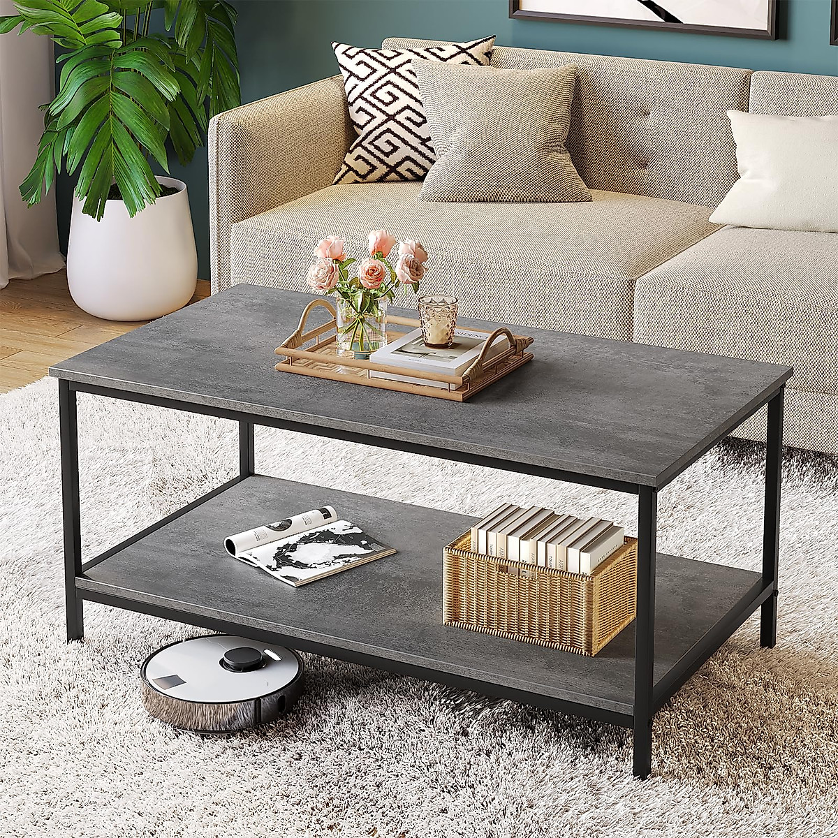 SAYGOER Coffee Table with Storage 2-Tier Industrial Center Table for Living Room, Rectangle Wood Table for Small Spaces Apartment Home Office, Concrete Gray