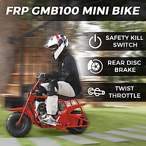 FRP GMB100 Mini Bike, 99CC 4-Stroke Mini Bikes for Adults, Off-Road Motorcycle W/LED Headlight, Goggles, Gloves and Neck Gaiter Up to 28 Mph, Weight Support Up to 220 LBS（Red）