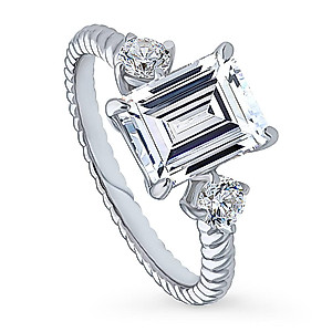 BERRICLE Sterling Silver 3-Stone Wedding Engagement Rings Emerald Cut Cubic Zirconia CZ Woven Ring for Women, Rhodium Plated Size 6
