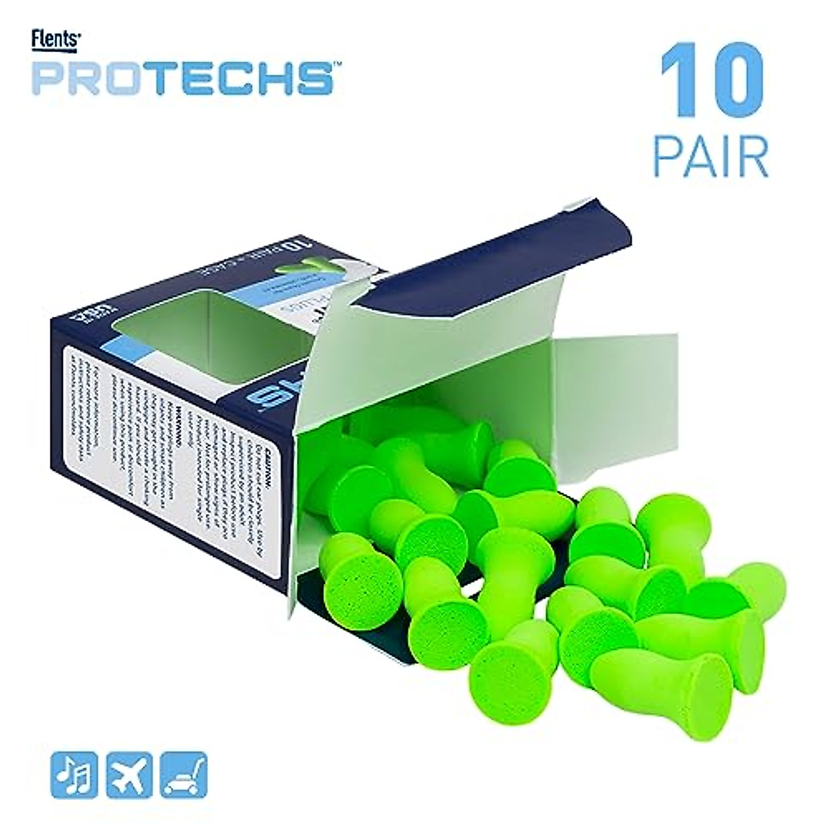 Flents Foam Ear Plugs, 10 Pair with Case for Sleeping, Snoring, Loud Noise, Traveling, Concerts, Construction, & Studying, NRR 33, Green, Made in the USA