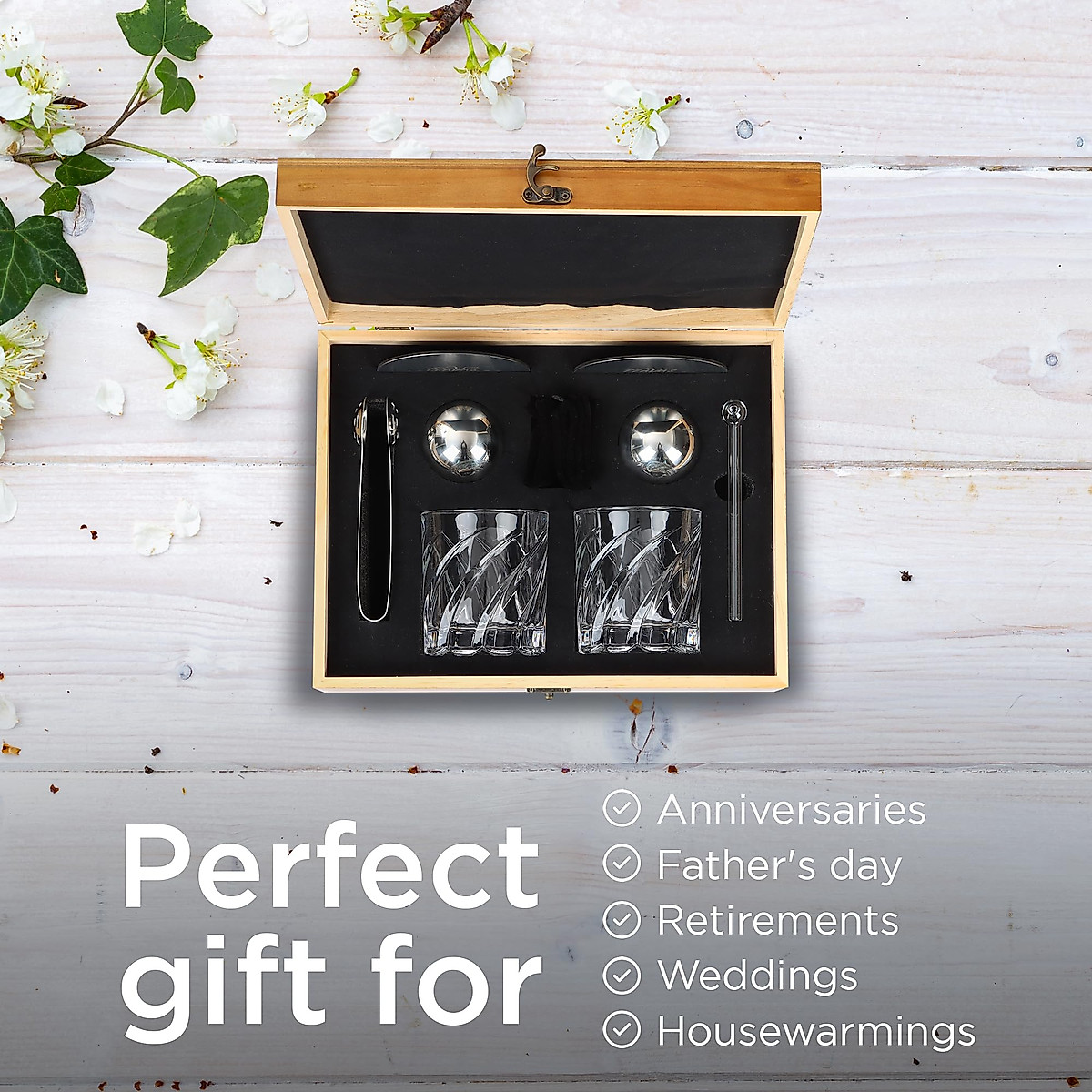 TEAVAS Whiskey Glass Gift Set with Drinking Glasses, Metal Ice Balls, Coasters & Ice Tongs - Bar Glasses for Scotch & Bourbon - Bartender Kit - Birthday Gifts for Friends & Family