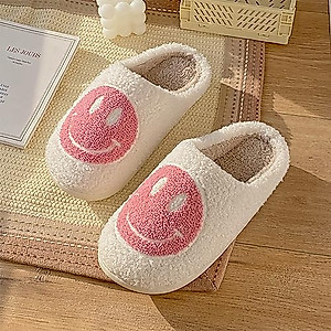TJJDRYSR Slippers for Women Indoor,Unisex House Shoes with Faux Fur Lining,Smile Face Slippers Memory Foam Mens Slippers Warm Plush Bedroom Shoes(Pink 42/43)