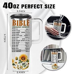 NIAXAUYT Sunflower Christian Gifts for Women, 40 oz Bible Emergency Numbers Tumbler with Lid and Straw, Inspirational Religious Birthday Gifts for You are Cup Christian