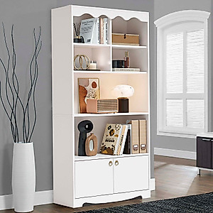 GarveeHome Bookshelf, 5 Tier Open Bookcase and Bookshelf, Modern Bookcase with Doors, Wood Bookcase Storage Organizer Shelf, 63 in Tall Display Storage Shelves for Bedroom Living Room Office, White