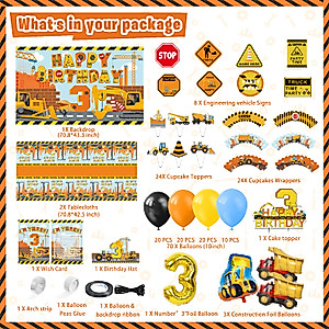 Construction Birthday Party Supplies for 3, 136 Pcs Dump Truck Party Decorations for Boys Baby,Backdrop, Banner, Cake, and Cupcake Toppers, Balloons, Party Traffic Signs, Tablecloth