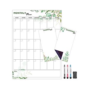 Monthly Magnetic Calendar for Refrigerator (Leaf) | Set of 3 Vertical Magnetic Dry Erase Board: Magnetic Fridge Planner 12 x 17 Inch, Shopping List & to Do List 4 x 8 Inch | 3 Markers & 1x Eraser