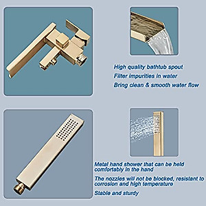 Votamuta Freestanding Bathtub Faucet Brushed Gold Waterfall Floor Mount Tub Filler Brass Single Handle Bathroom Tub Faucets with Hand Shower Mixer Tap 360° Swivel Spout