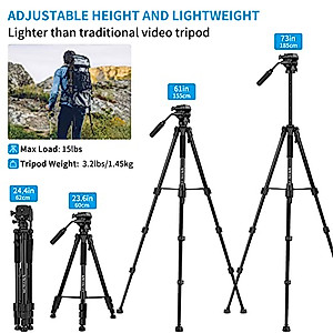 Tripod, 73 inch Tripod for Camera 15 lbs Loads with Fluid Head, 2 Quick Release Mounts and Tablet & Phone Mount